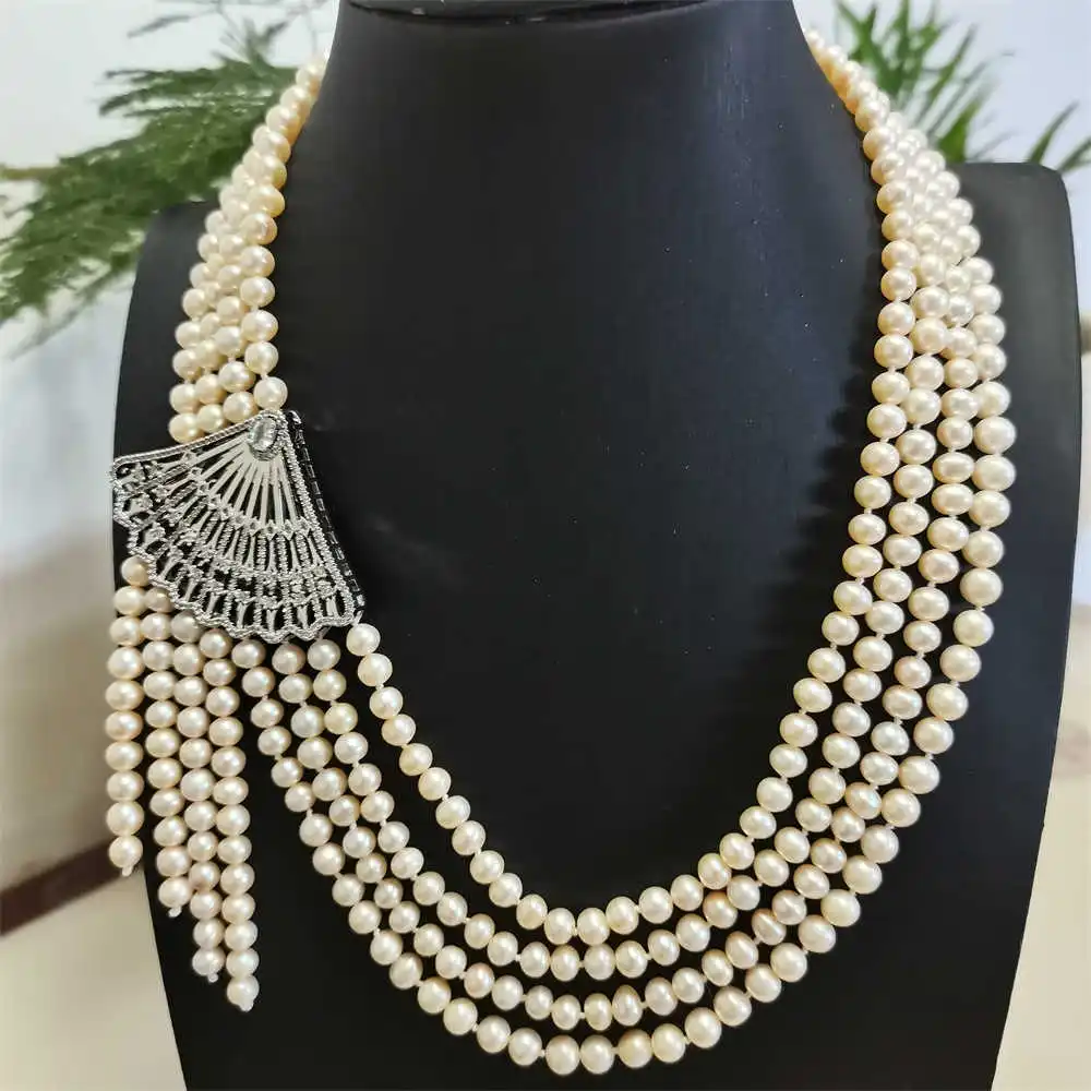 Luxurious-4-rows-natural-5-6mm-pink-black-nearl-round-freshwater-pearl ...