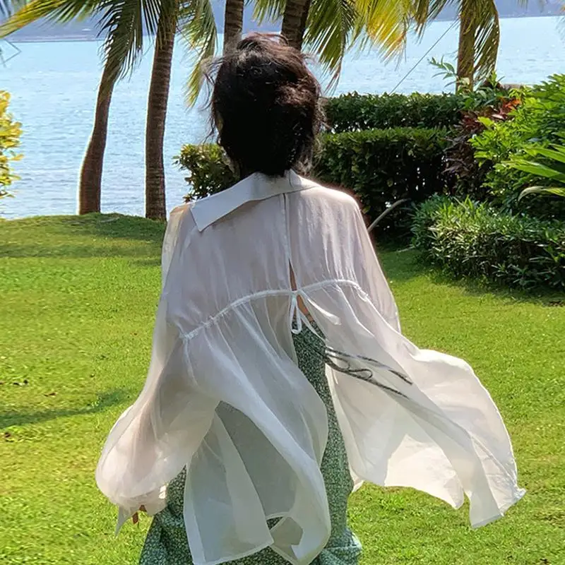 Deeptown White Chiffon Blouses Casual Elegant Sexy Oversized See ...