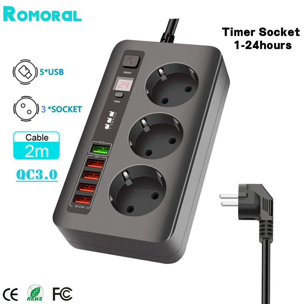 Smart EU Power Strip Timed QC3.0 USB Charger Hub 3 AC Outlet Socket ...