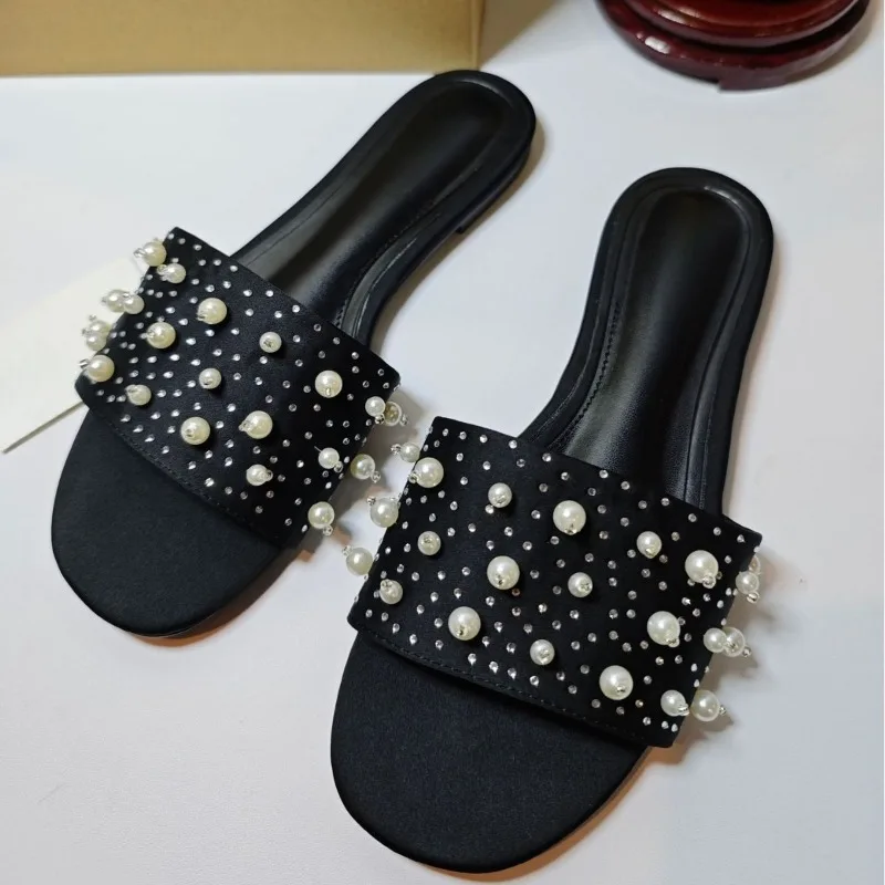 Sparkling Diamond Women Flat Slippers Luxury Pearl Design Black Beach ...