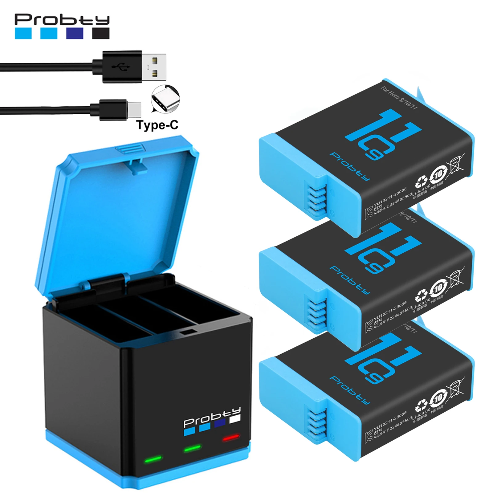 1850mAh Battery for GoPro hero 10 +LED 3-Slots Charger with Type-C Port ...