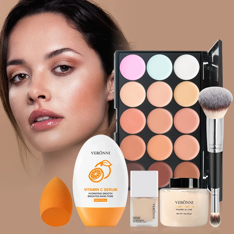 Face Makeup Set Liquid Foundation Loose Powder Primer Waterproof Long ...