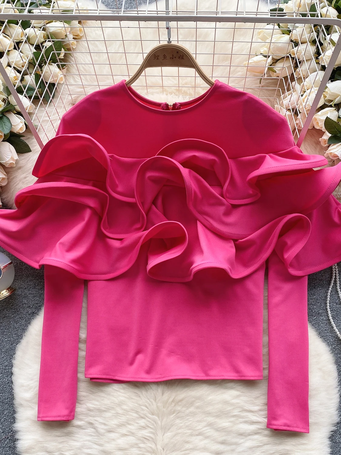 Autumn-Winter-Women-Purple-Green-White-Rose-Red-Ruffle-Shirt-Female ...