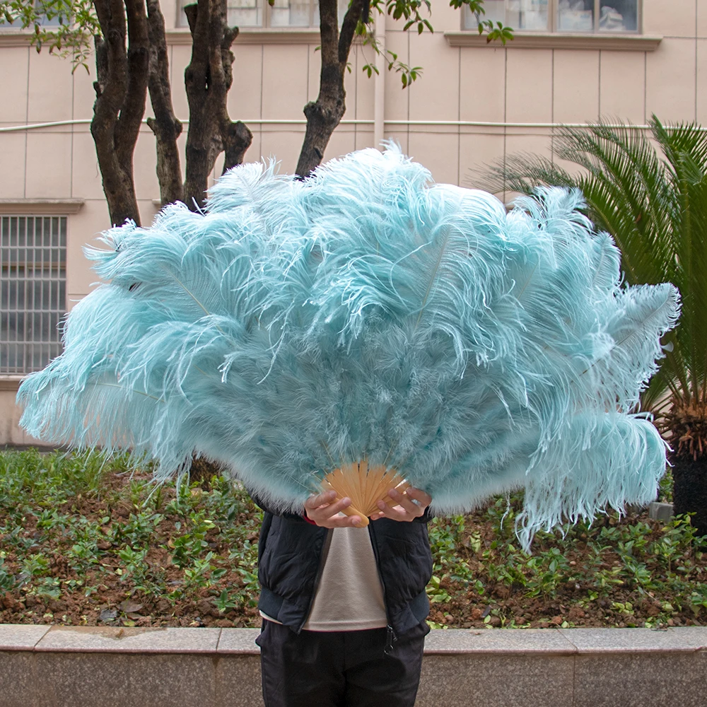 Customized-Blue-Large-Hand-Feather-Fan-13Bars-Ostrich-Feather-Hand-Fan ...
