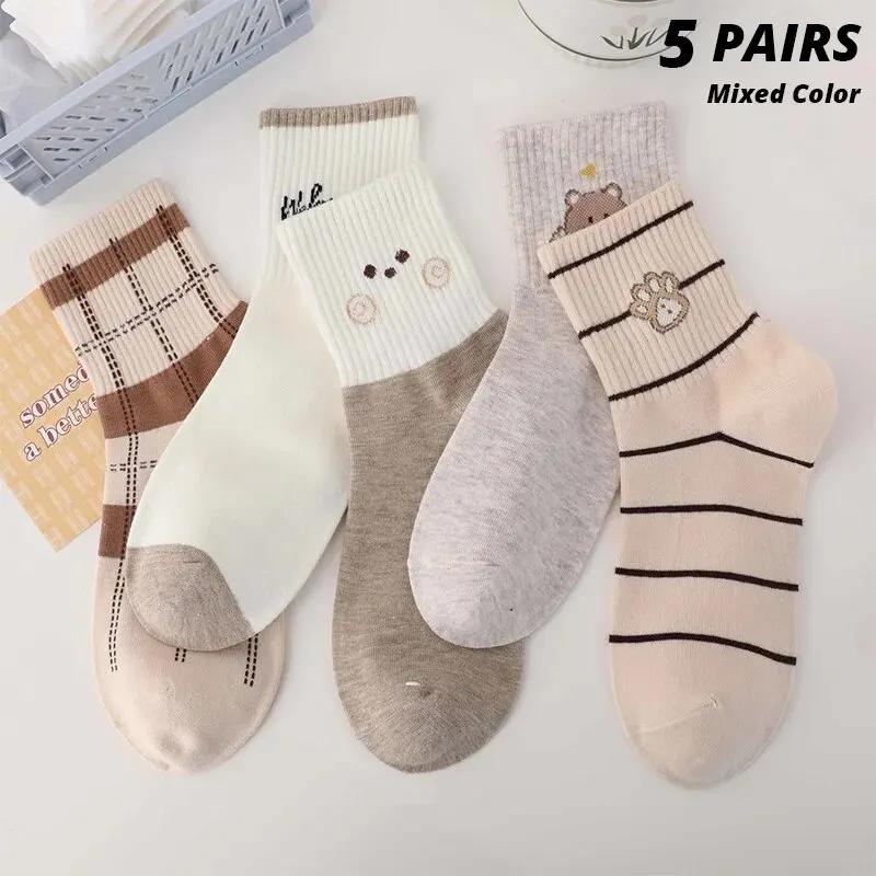5-Pairs-Women-s-Mid-Tube-Socks-Cartton-Autumn-Winter-Breathable ...