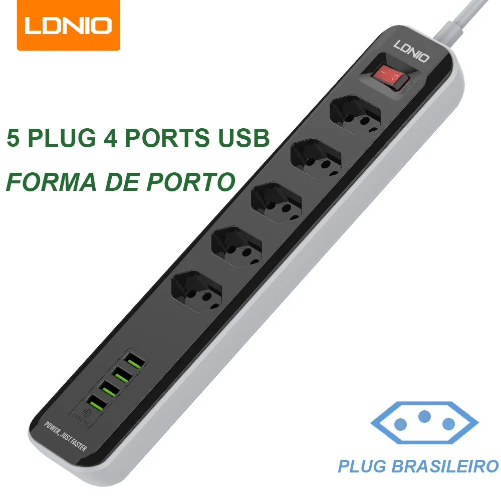 LDNIO Power Strip Brazil Plug Adapter 4 USB 2M Extension Cord Socket AC ...