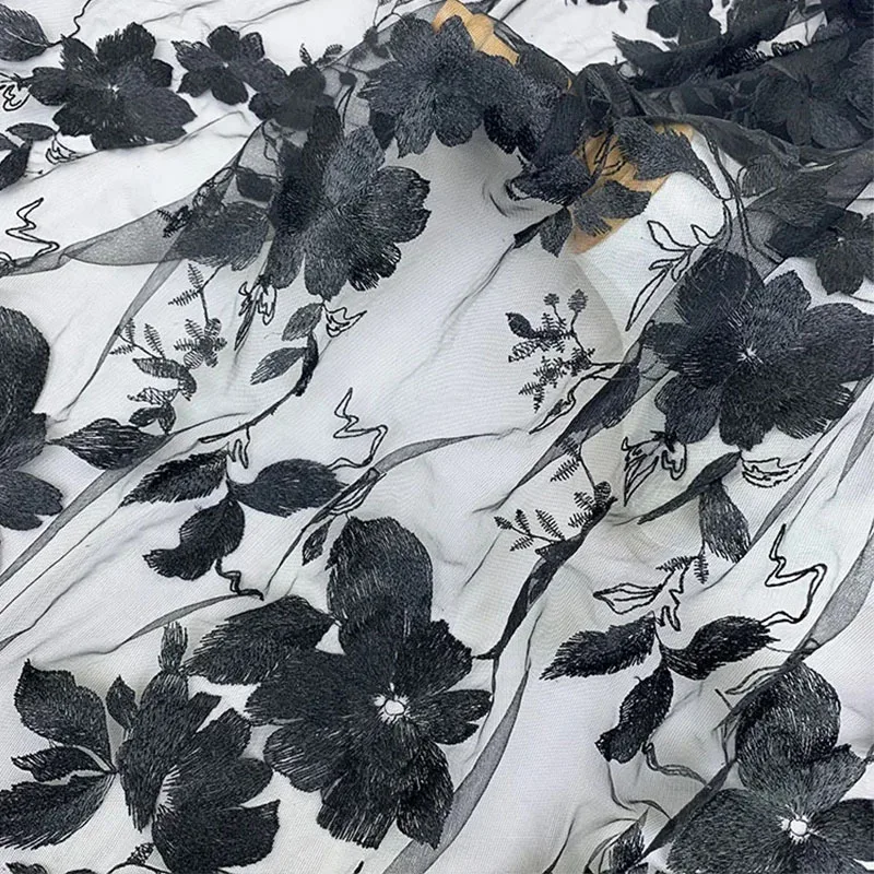 Mesh-Soft-Black-Big-Flower-Embroidered-Lace-Fabric-For-Clothing-Skirt ...