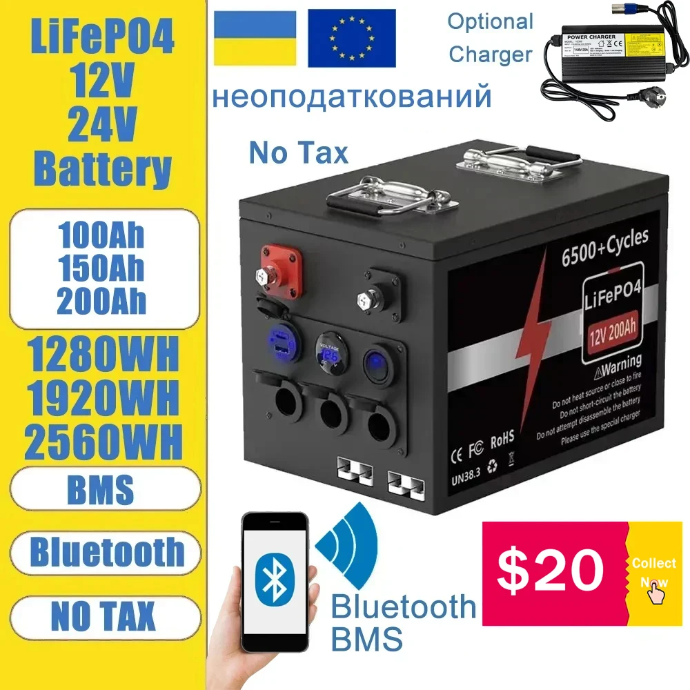 LiFePO4-12V-24V-100Ah-200Ah-Bluetooth-BMS-6500-Cycles-LiFePO4-Battery ...