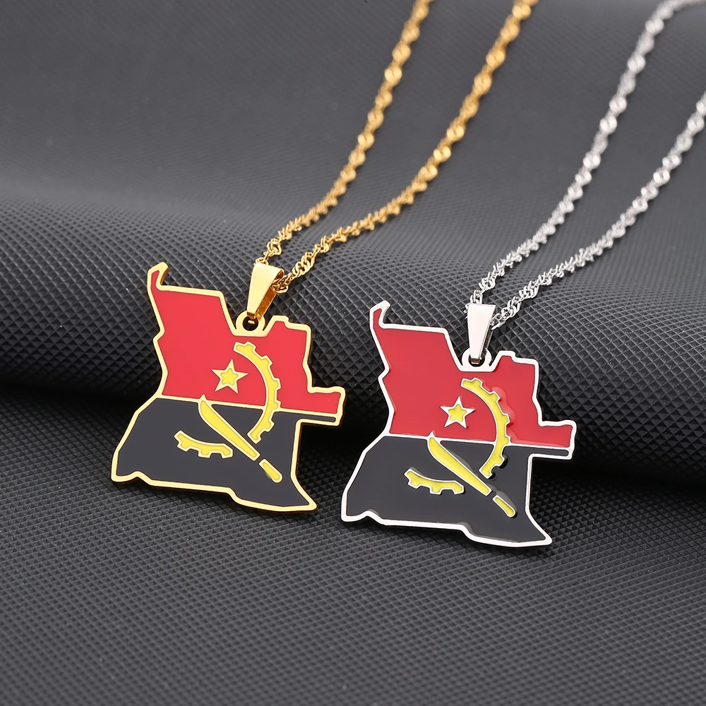 African-Angola-Map-Flag-Pendant-Necklace-Stainless-Steel-Men-Women ...