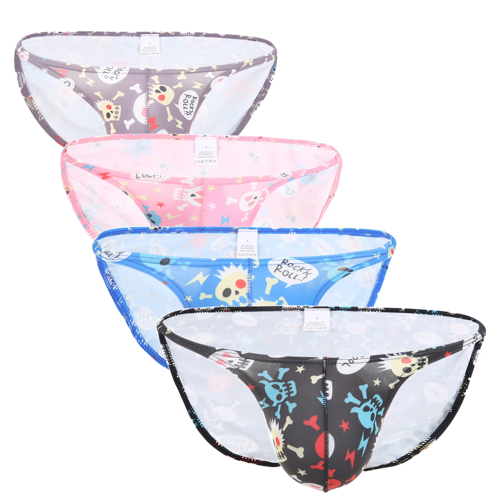 4Pcs Men Swimwear Skull Printed Swim Briefs Sexy Low Rise Bikini Bulge ...