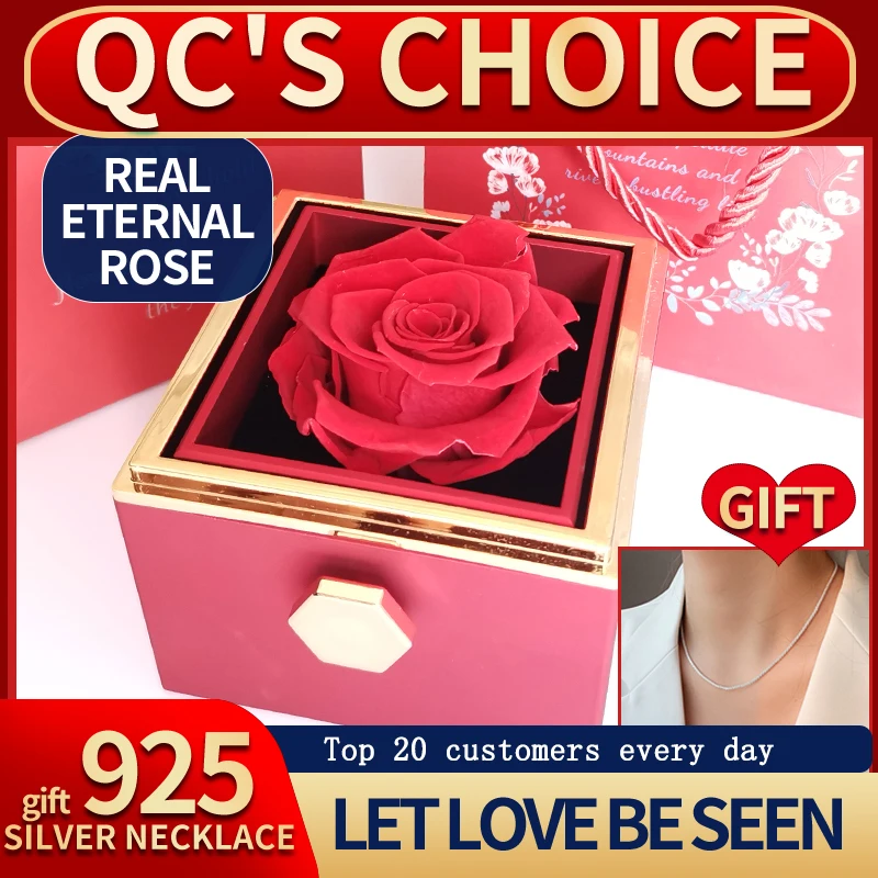Real Preserved Flower Rose Flower Rotating Gift Box Glass Shade Jewelry ...