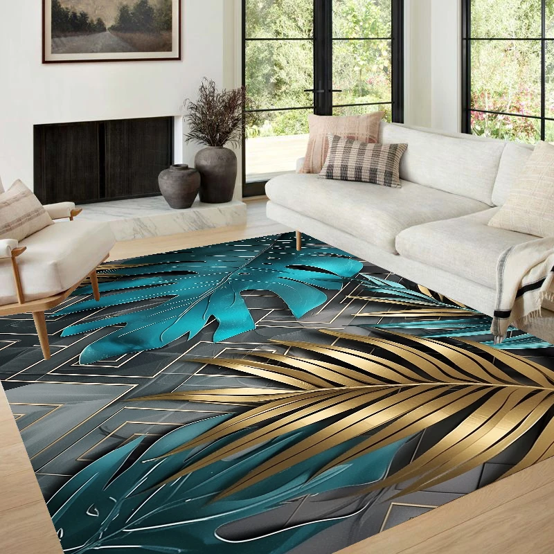 3d Golden Modern Carpet in The Living Room Leaf Patterns Room Decor ...