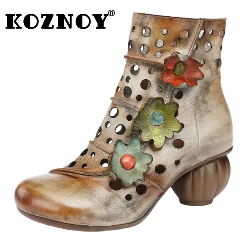 Boots Summer Genuine Leather | Flower Hollow Leather Boots | Leather Designer Shoes - Women's ...