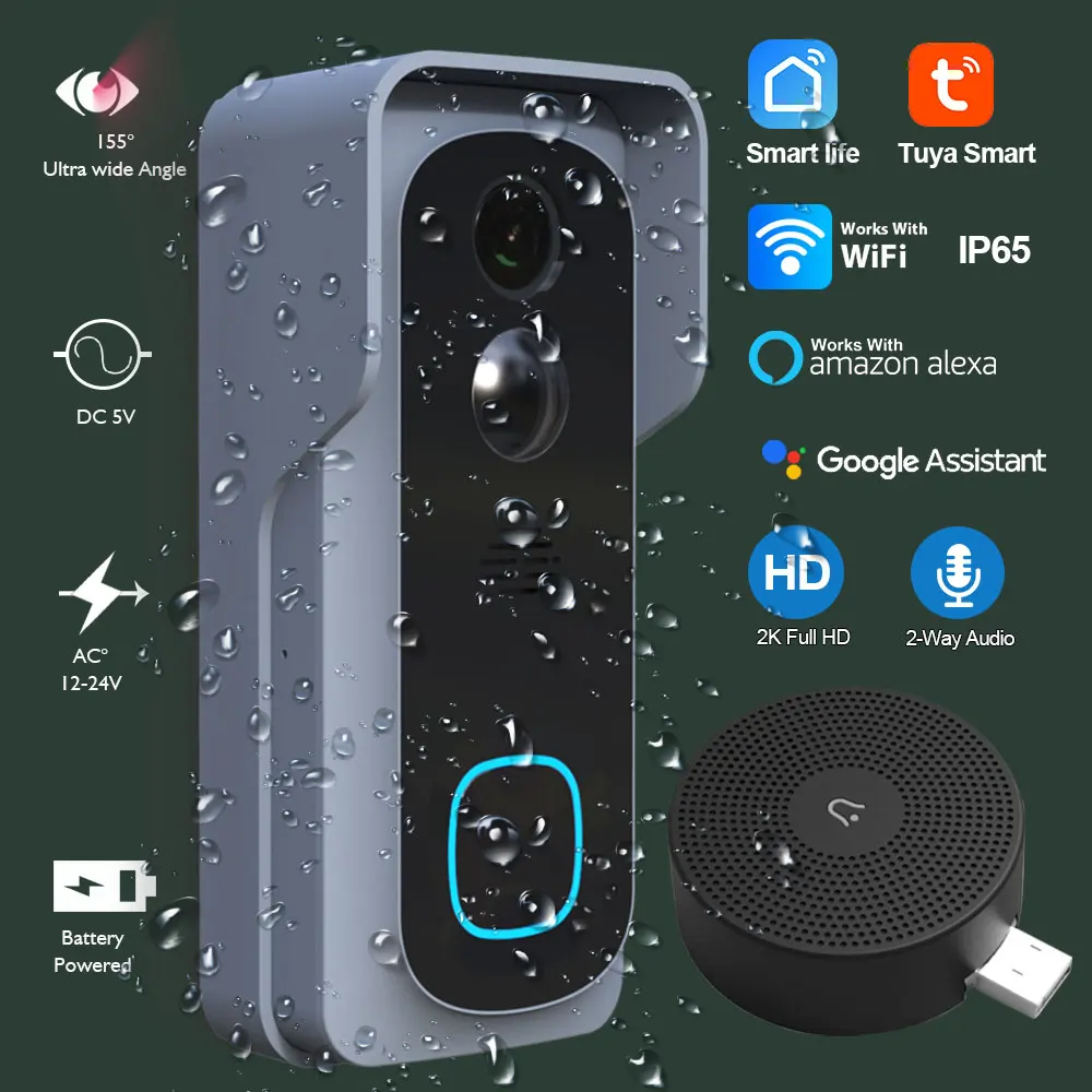 Tuya 3MP Video Doorbell IP65 Waterproof Battery AC 12V WiFi Wireless ...