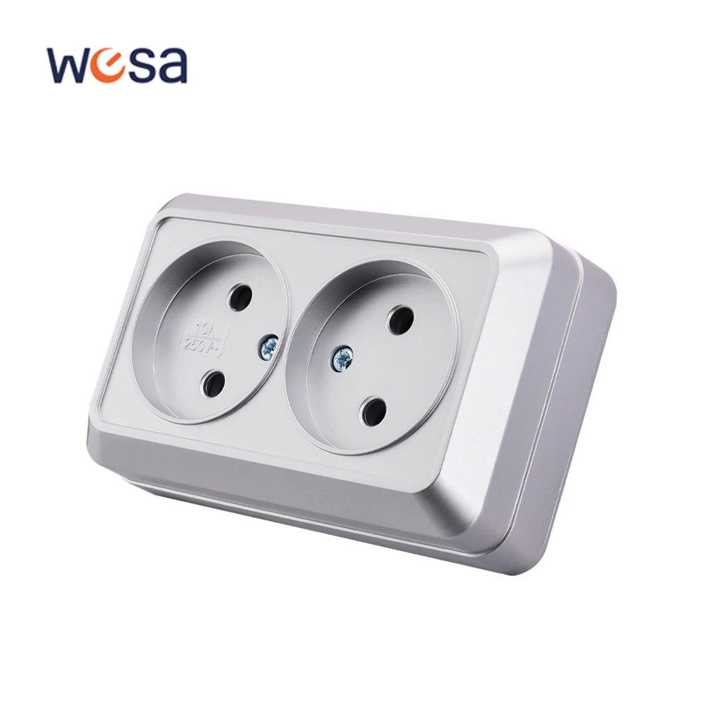 WESA-Silvery-Wall-Surface-2-Socket-Plug-Exterior-Electrical-Outlets-No ...