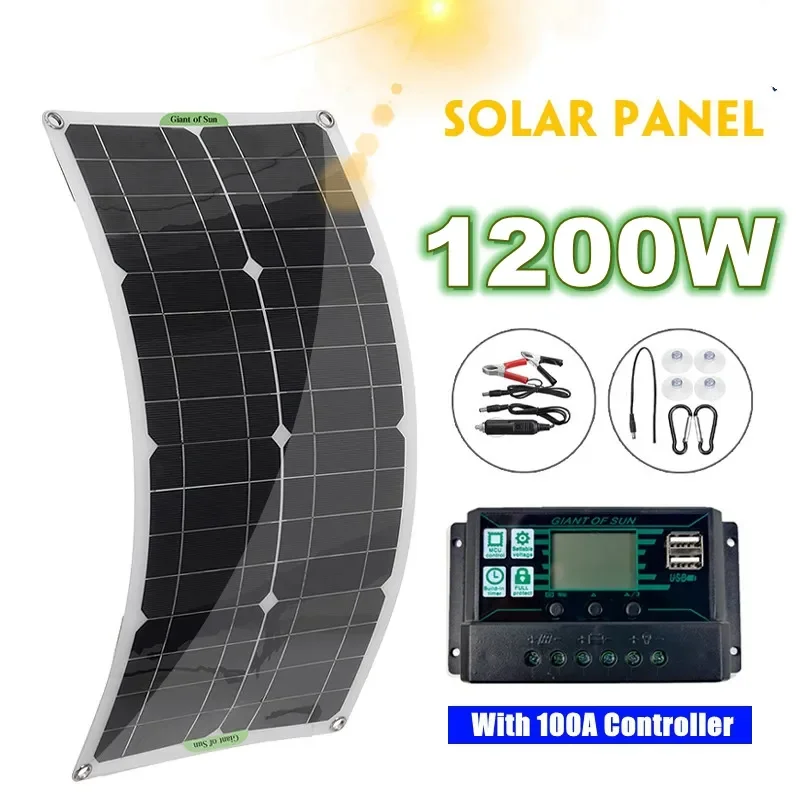 1200W Solar Panel Kit Complete DC5V 12V Dual USB Solar Cells With 100A ...