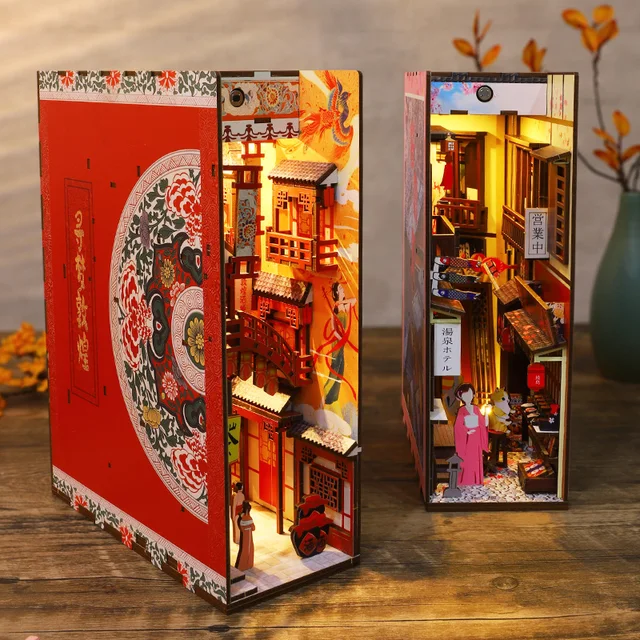 DIY Wooden Book Nook Shelf Insert Kits Miniature Japanese Cherry ...