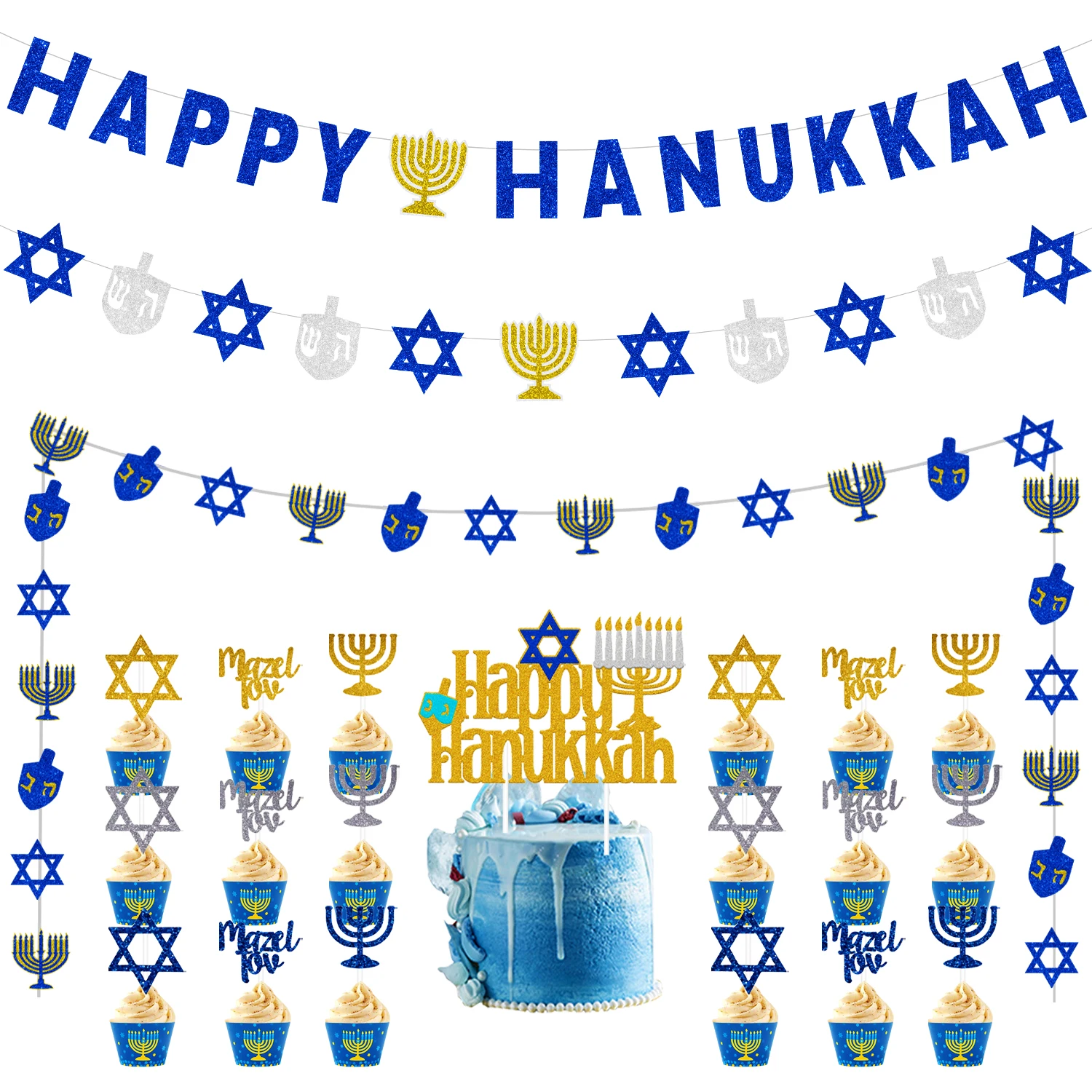 Happy-Hanukkah-Banner-Candelabra-Hexagonal-Star-Garland-Mazel-Tov-Cake ...