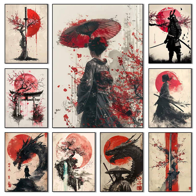 Japanese Landscape Samurai Geisha Bonsai Torii Gate Sakura Art Poster ...