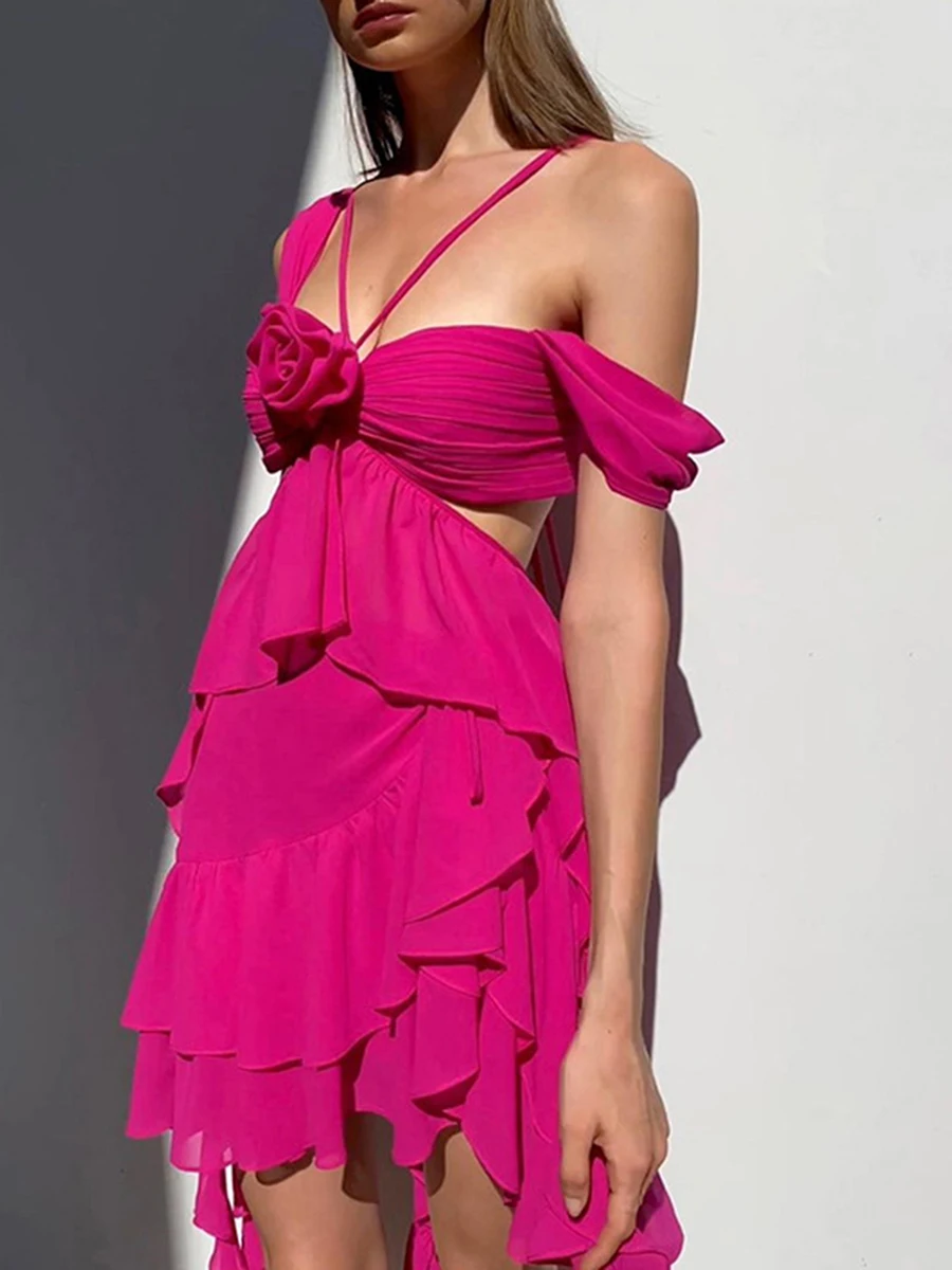 Women Elegant Ruffle Ruched Mesh Mini Dress Robe Summer Backless