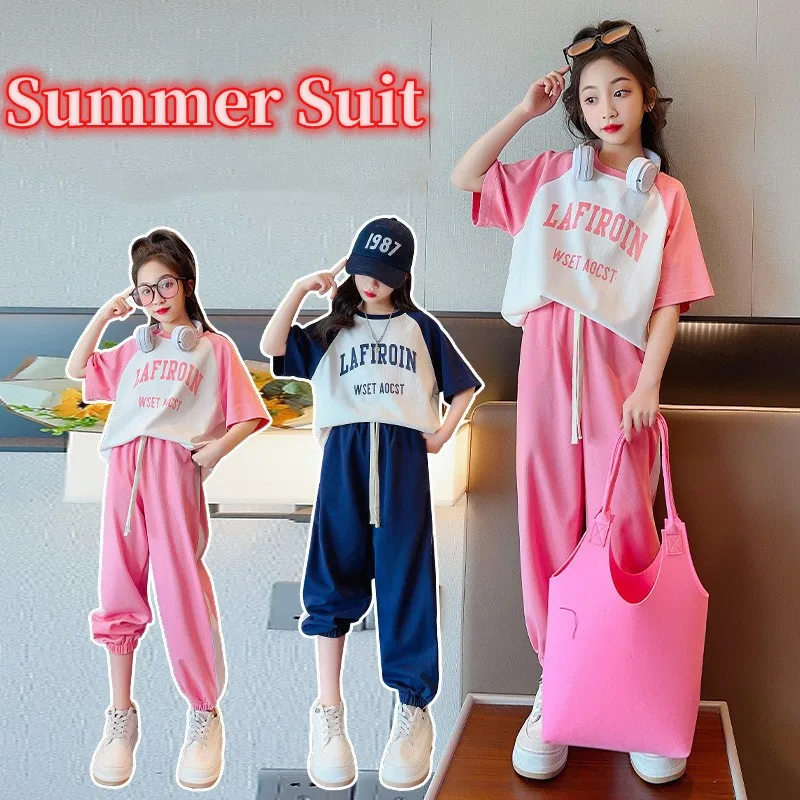 Summer-Girls-Cotton-Contrast-Alphabet-T-Shirt-Tops-Drawstring-Pant-Sets ...