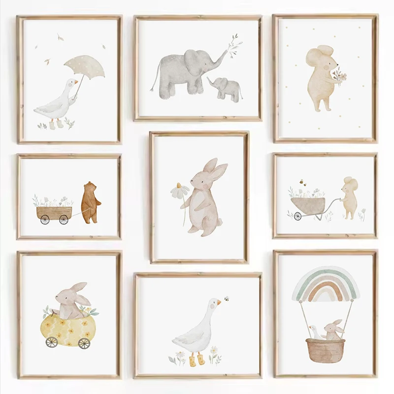 Boho Cartoon Farm Animals Wall Art Canvas Painting Rabbit Bear Bee ...