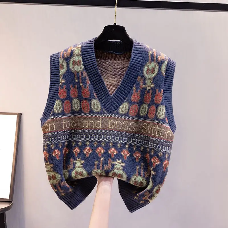 Suéter sin mangas de punto Vintage de dibujos animados para mujer, chaleco de moda, ropa suelta ...