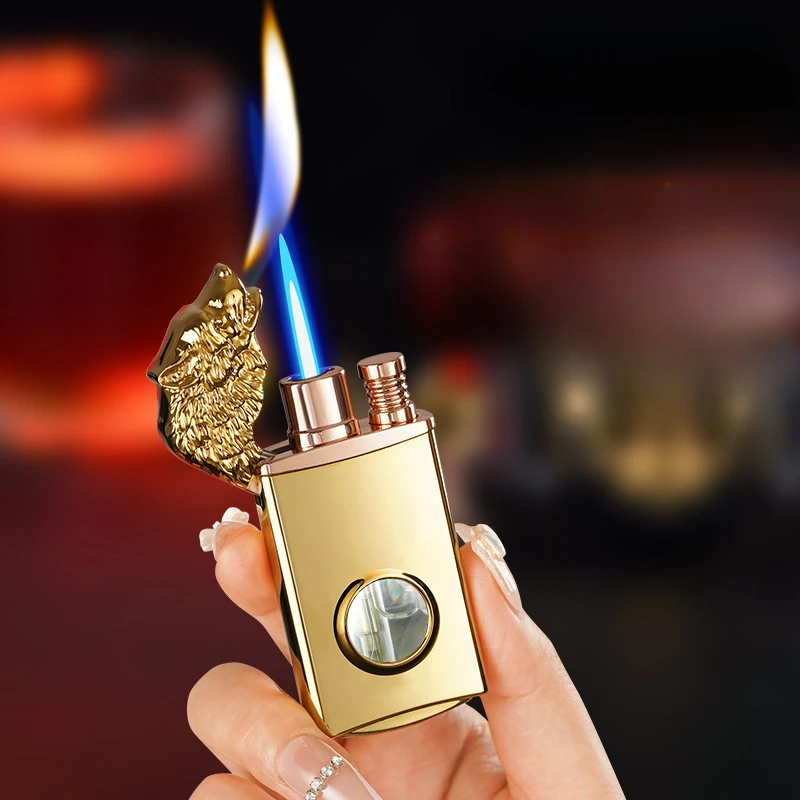 Wolf-Head-Double-Flame-Inflatable-Lighter-Windproof-Transparent ...