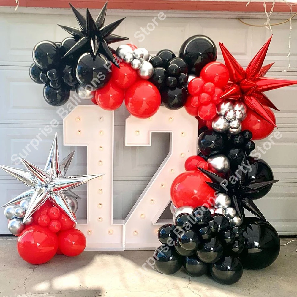 Red Black Balloon Arch Garland Kit Sliver Balloons Explosion Star Foil ...