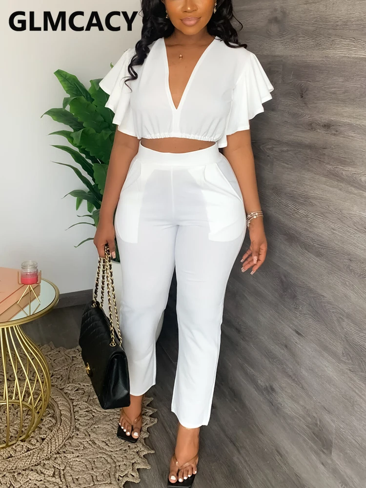 Women-Two-Piece-Summer-Sweet-Suits-Short-Sleeve-V-Neck-Crop-Top-Slim ...