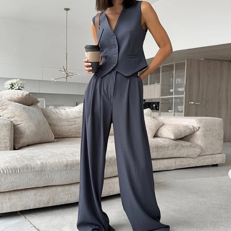 Gray-Vest-Top-Cuffed-Pants-Set-Women-Pant-Sets-Wide-Leg-Two-Piece-Suit ...