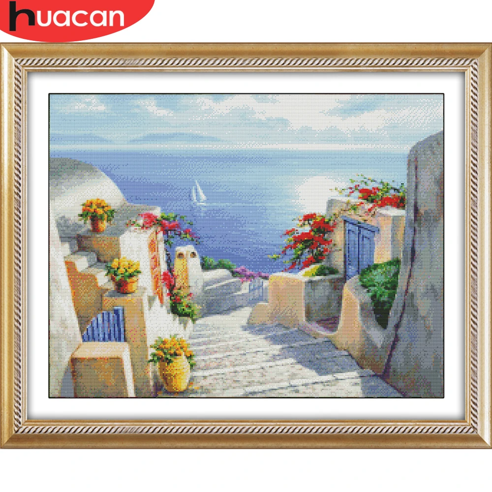 HUACAN-Cross-Stitch-Seaside-Landscape-White-Canvas-DIY-40x50cm-Embroidery-Scenery-Kits ...