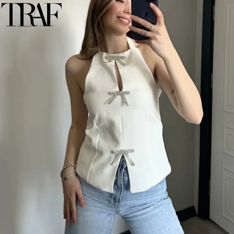 HXAO Halter White Crop Top Women Rhinestone Bow Black Top Woman Cut Out ...