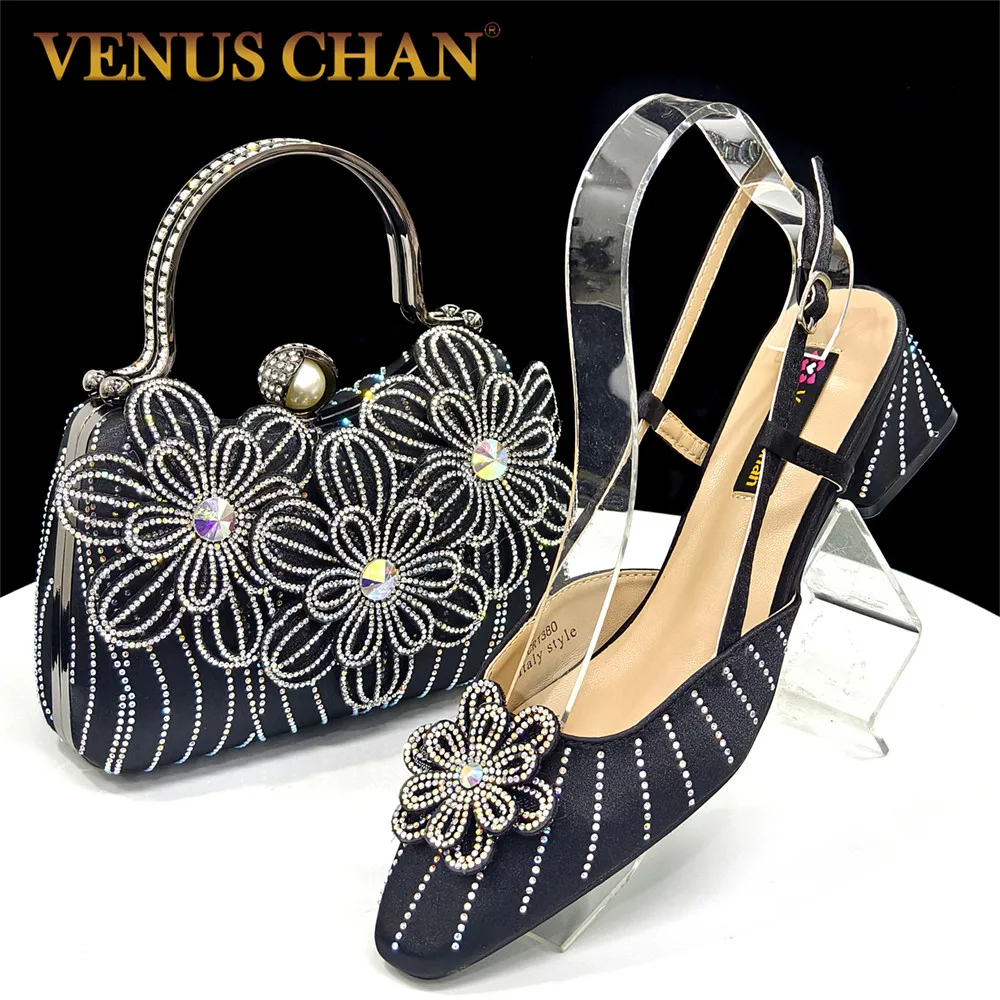 2026 New Elegant Italian Women's Black Heels with Rhinestones and ...