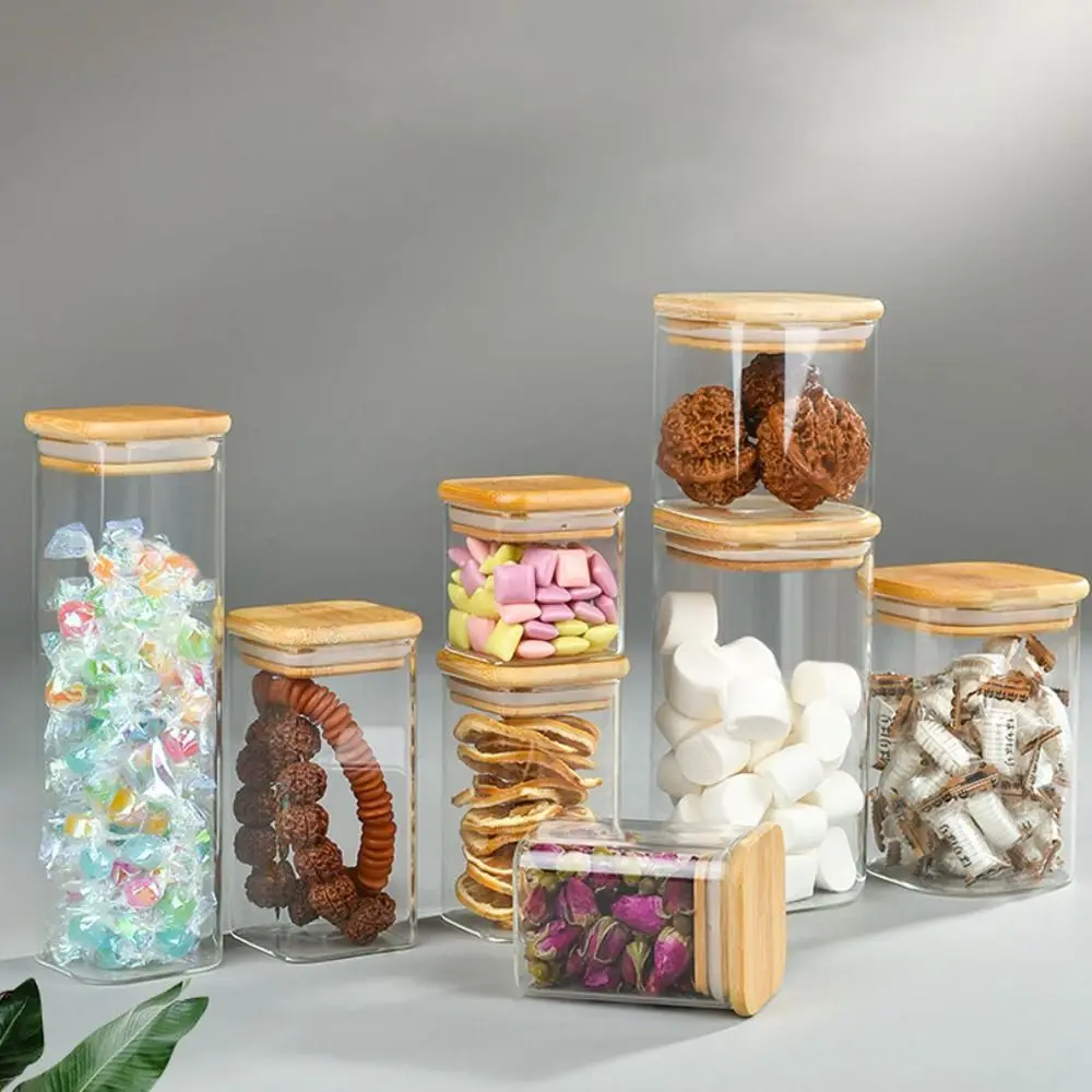 Glass Sealed Jar with Bamboo Lid Spice Jars Transparent Split Bottle ...