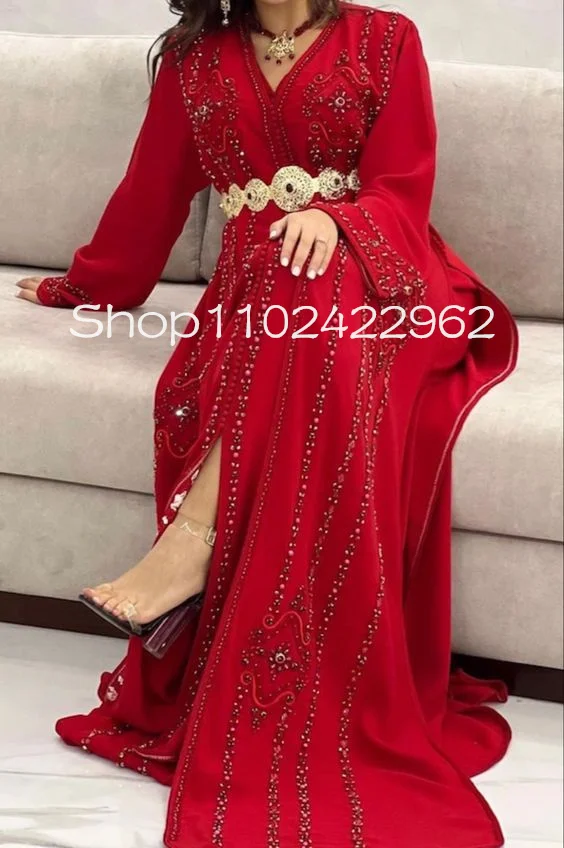 Red-Beaded-Crystal-Stain-Muslim-Prom-Dresses-Long-Sleeve-Maroc-Marcus ...