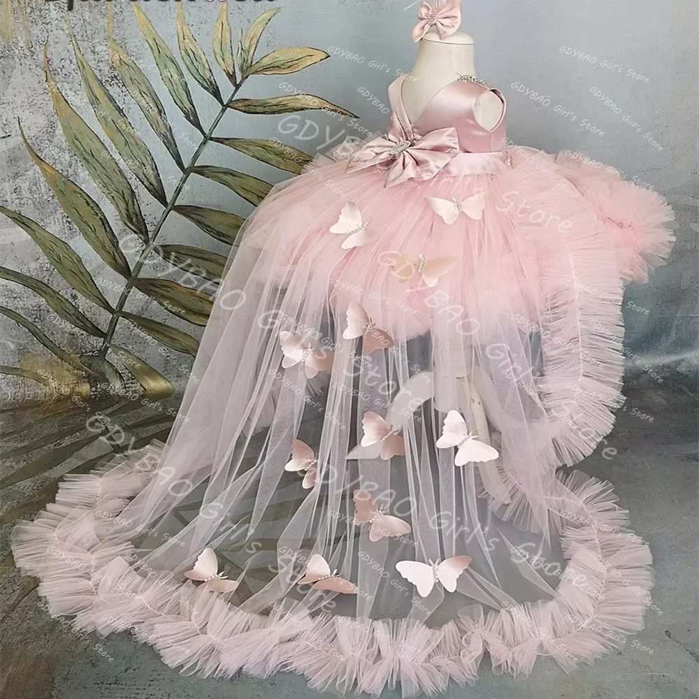 Pink Pageant Dresses With Detachable Train Toddlers Tutu Tiered Flower ...
