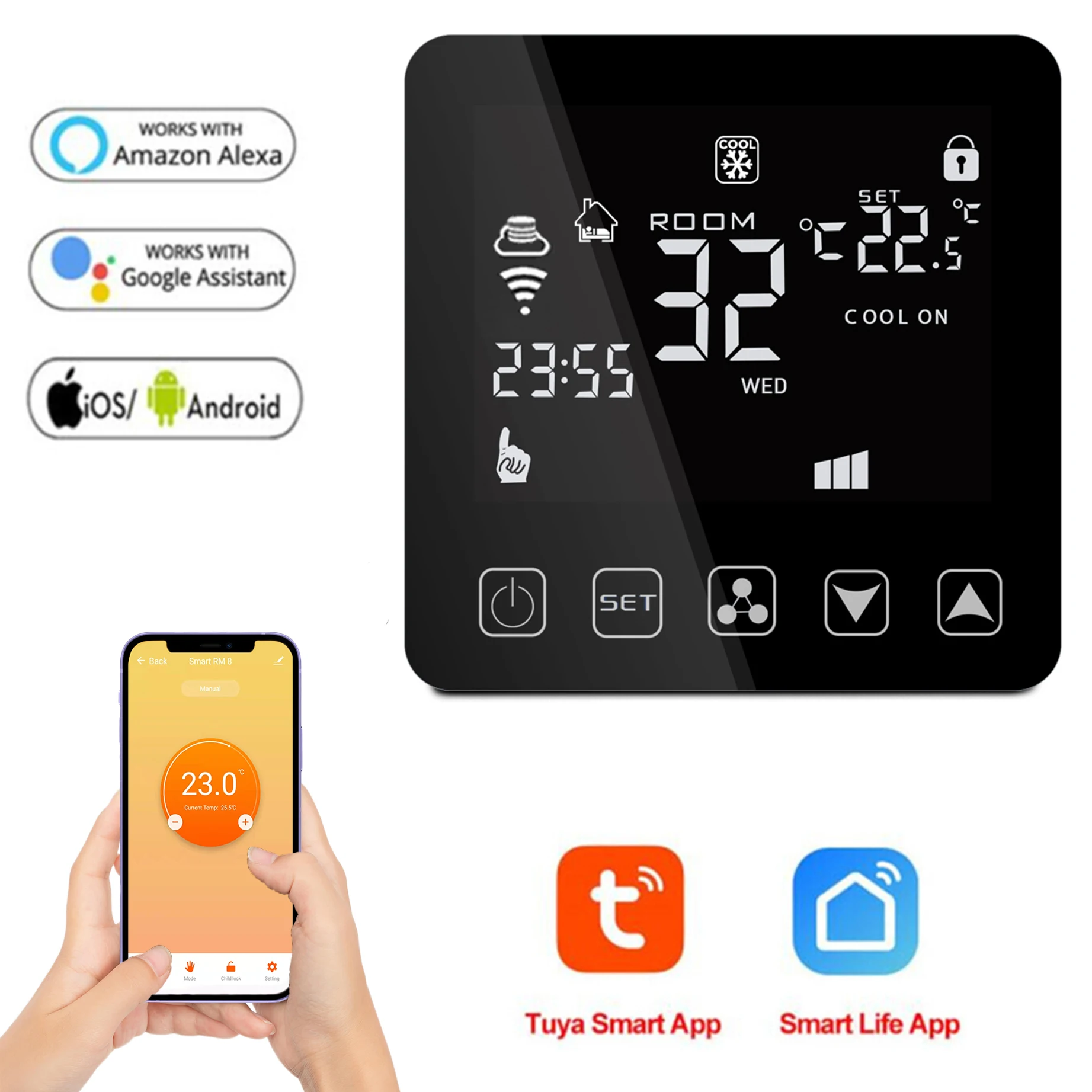 Tuya Smart Thermostat Cooling Heating 3 Speed Fan WiFi Room Thermostat ...
