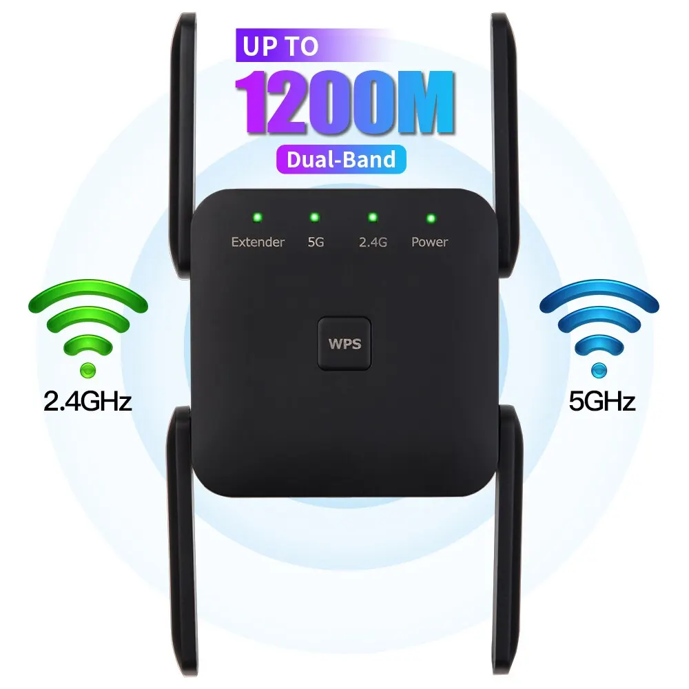 Repetidor WiFi AC1200 de 5Ghz, enrutador de 1200Mbps, 2,4G y 5GHz WiFi de amplificador de señal ...