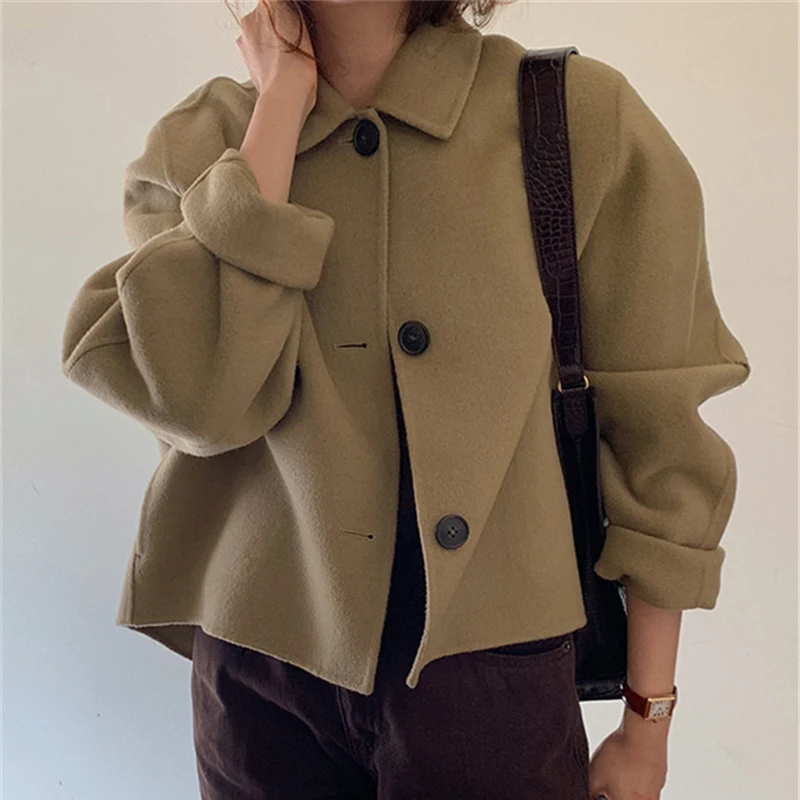 Autumn Winter Vintage Short Wool Coat Jacket Women 2022 Single Breasted