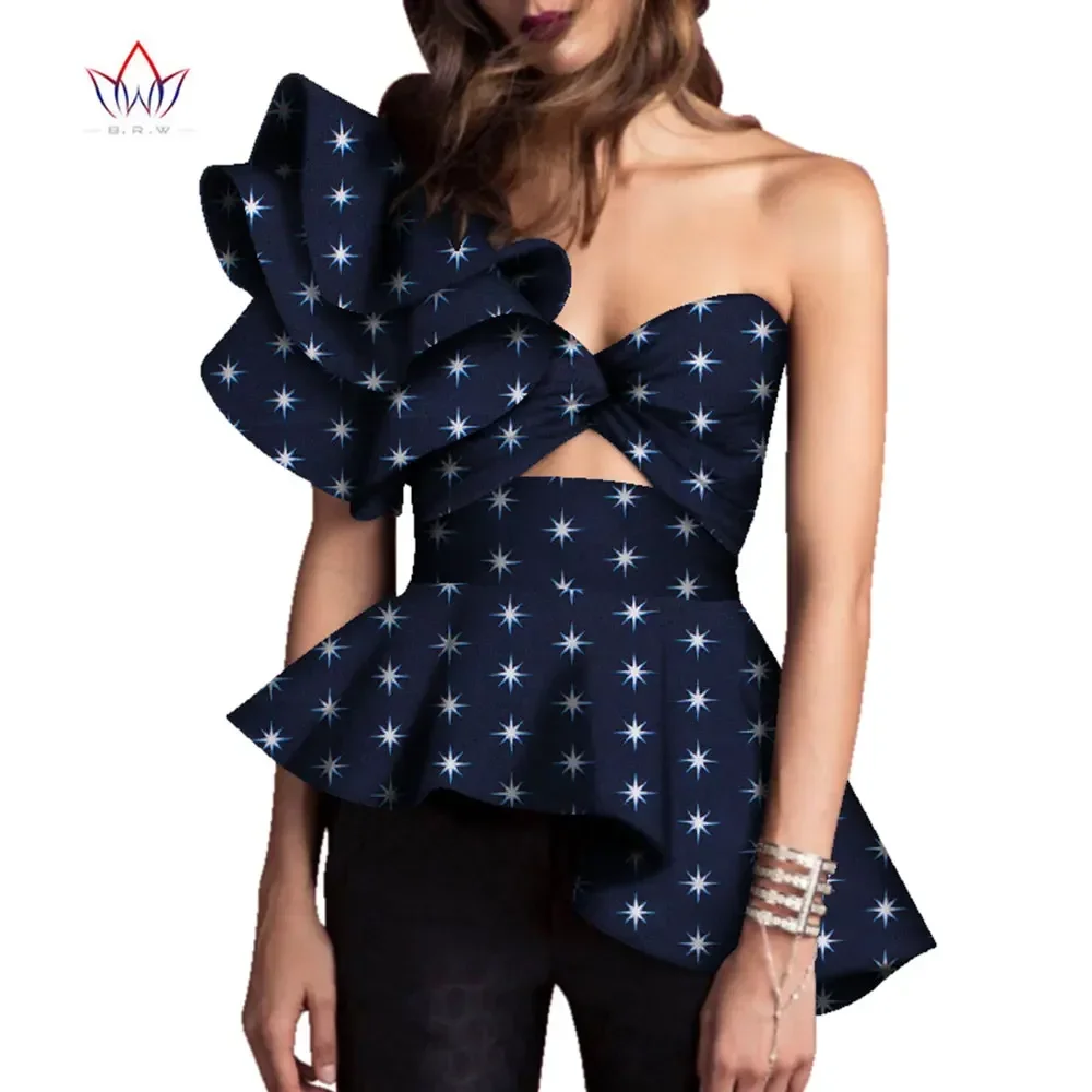 African-Print-Tops-Shirt-for-Women-Africa-Print-One-Shoulder-Ruffles ...