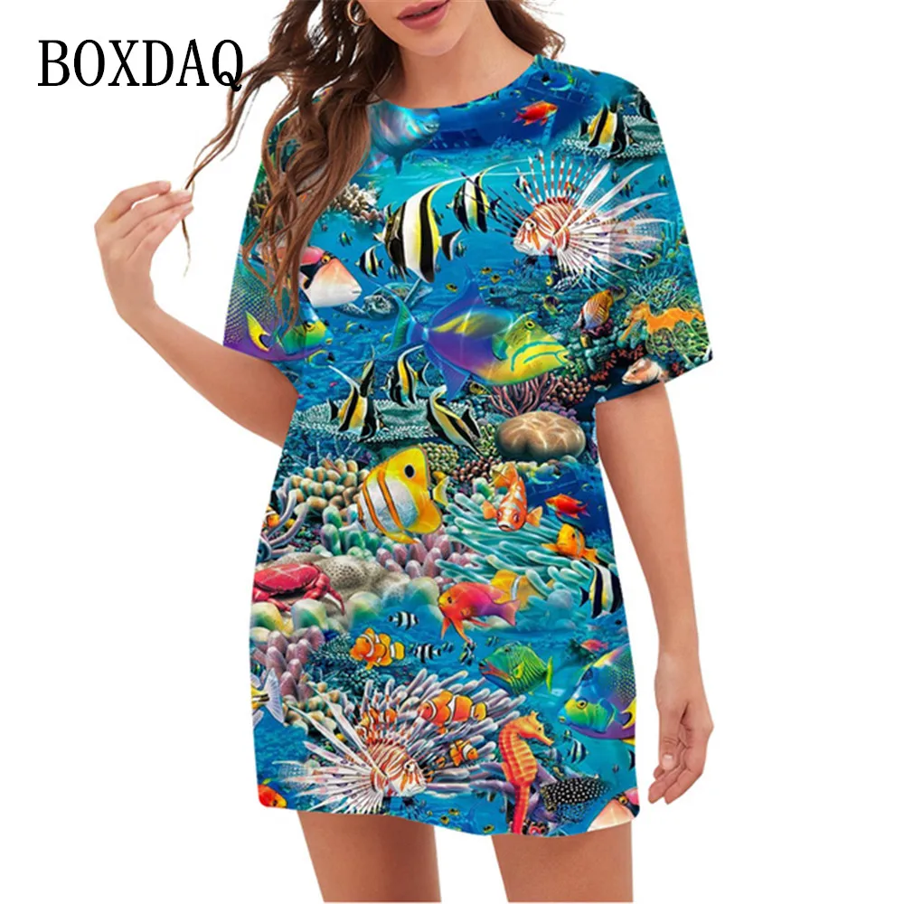 Ocean-World-Animal-Fish-3D-Print-Dress-For-Summer-O-Neck-Short-Sleeve ...