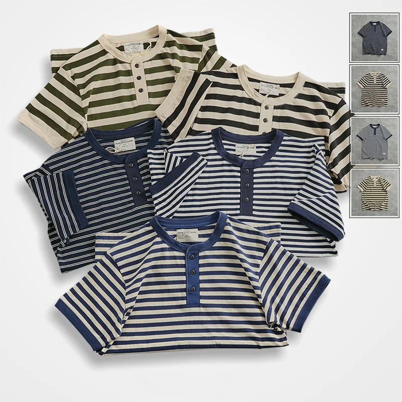 Summer American Retro Short Sleeve Henry Collar Striped T-shirt Men's ...