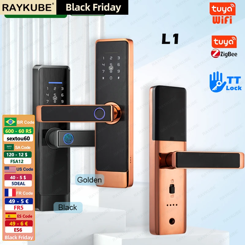 2022 New L1 Golden Smart Door Lock Tuya Wifi/ Tuya Zigbee / Tt Lock App ...