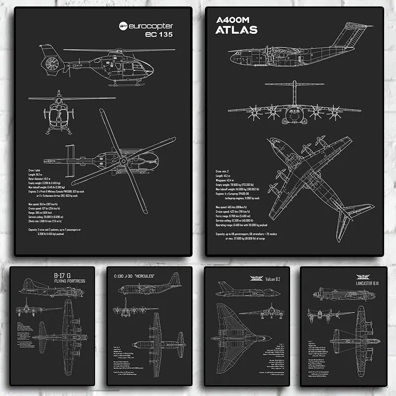 Dark-Aircraft-Aviation-Blueprints-Drawing-Aesthetics-Pictures-Canvas ...
