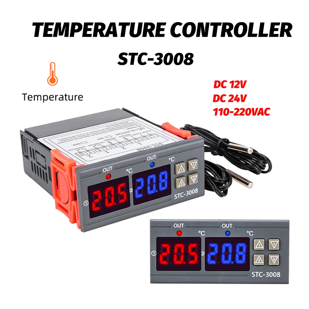 Stc3008 Dual Digital Display Temperature Controller Microcomputer Thermostat Regulator Control