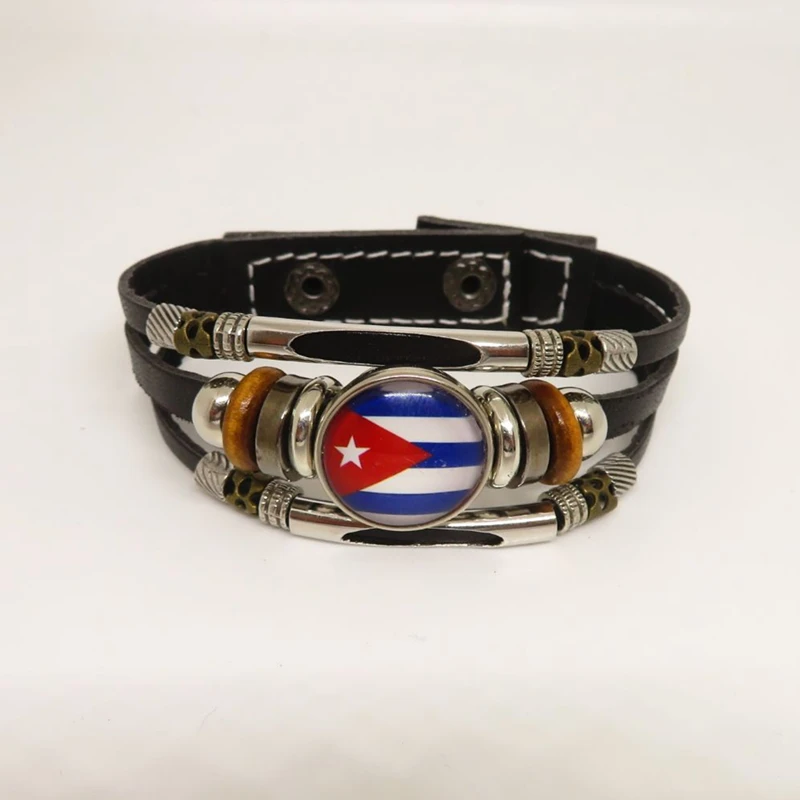 Cuba Flag Symbol Pattern Glass Cabochon Snap Button Leather Bracelets ...