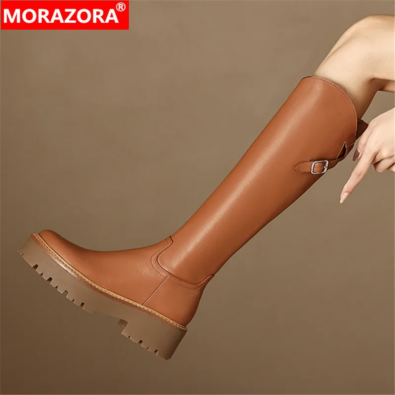 MORAZORA 2023 New Genuine Leather Zipper Women Boots Fashion Ladies Platform Boots Autumn Winter ...