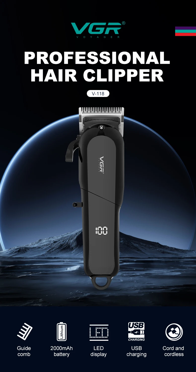 VGR V-118 Professional Hair Clipper with LED Display Trimmer - OTC.LK