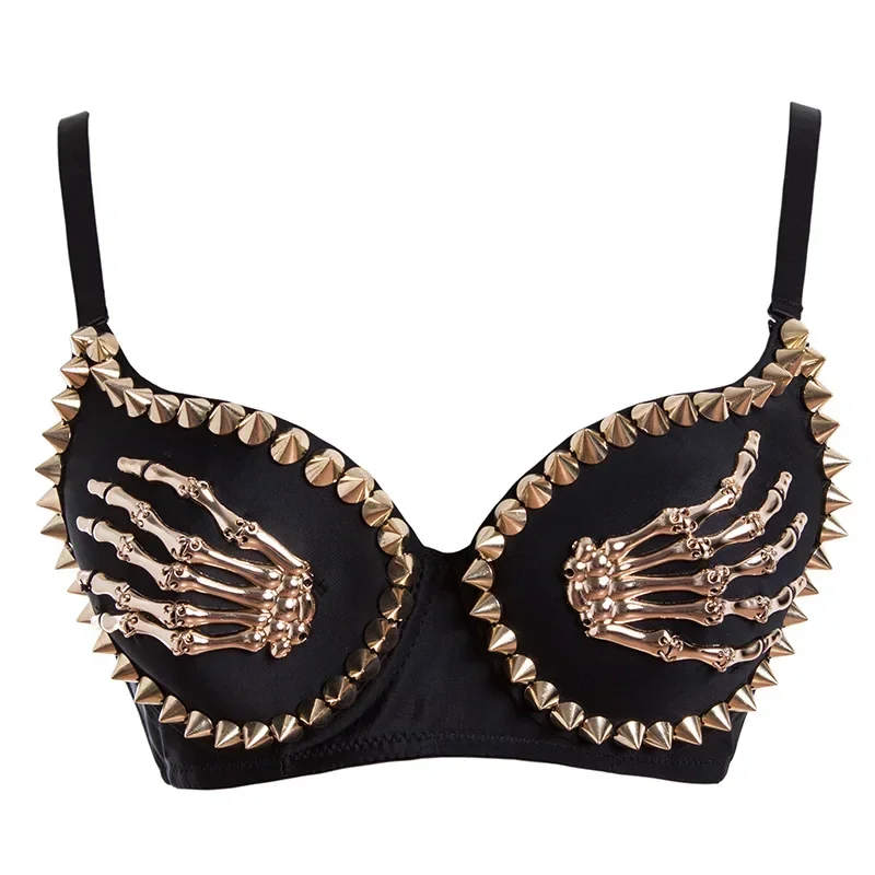 Women Sexy Bra Gothic Punk Corset Lingerie Gold Rivet Skeleton Hands ...